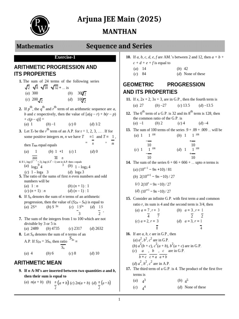 Sequence and Series JEE Main Practice Sheet | PDF | Arithmetic | Number Theory