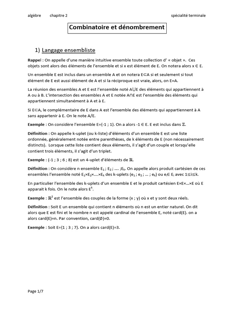 Combinatoire et Dénombrement en Terminale | PDF | Ensemble ...