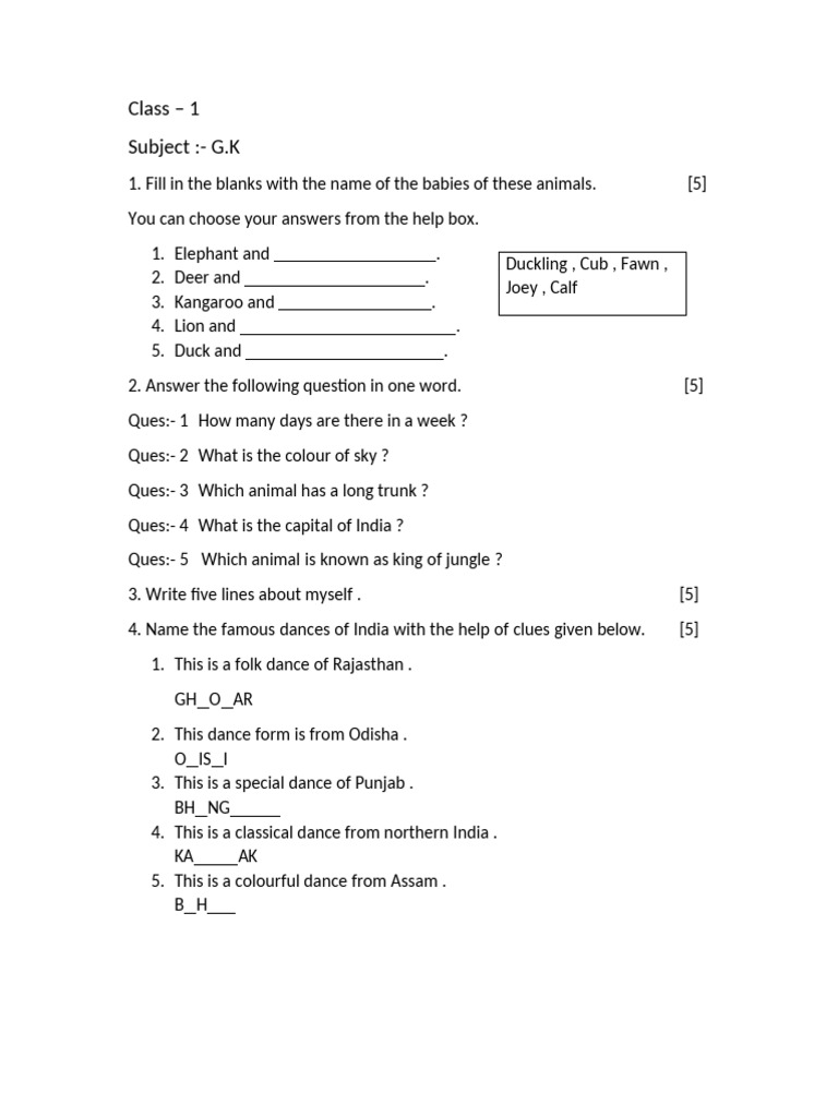 Class 1st G.K UT | PDF