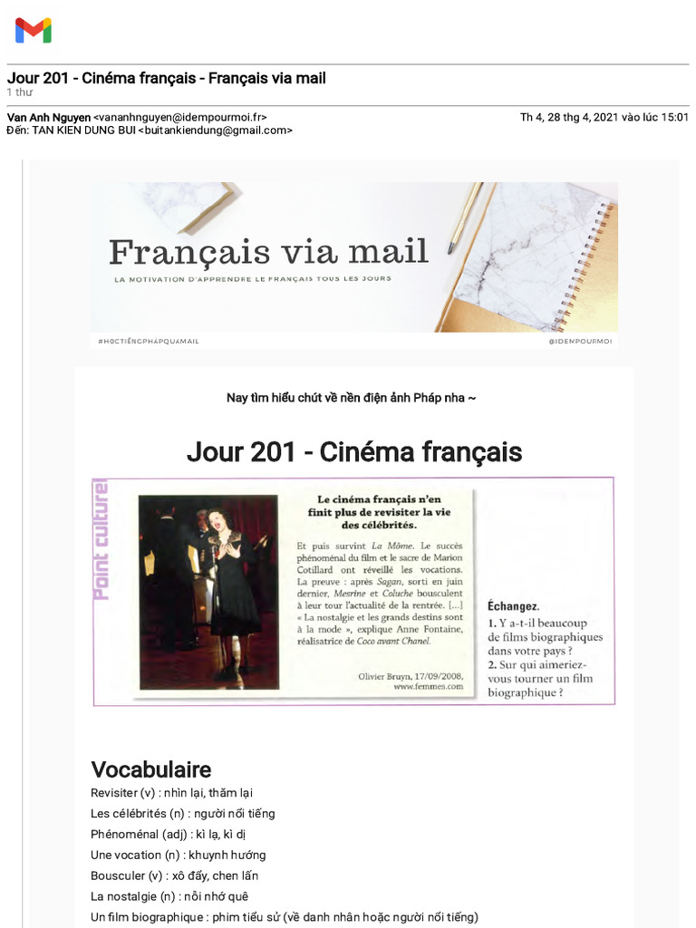 Gmail - Jour 201 - Cinéma Français - Français Via Mail | PDF