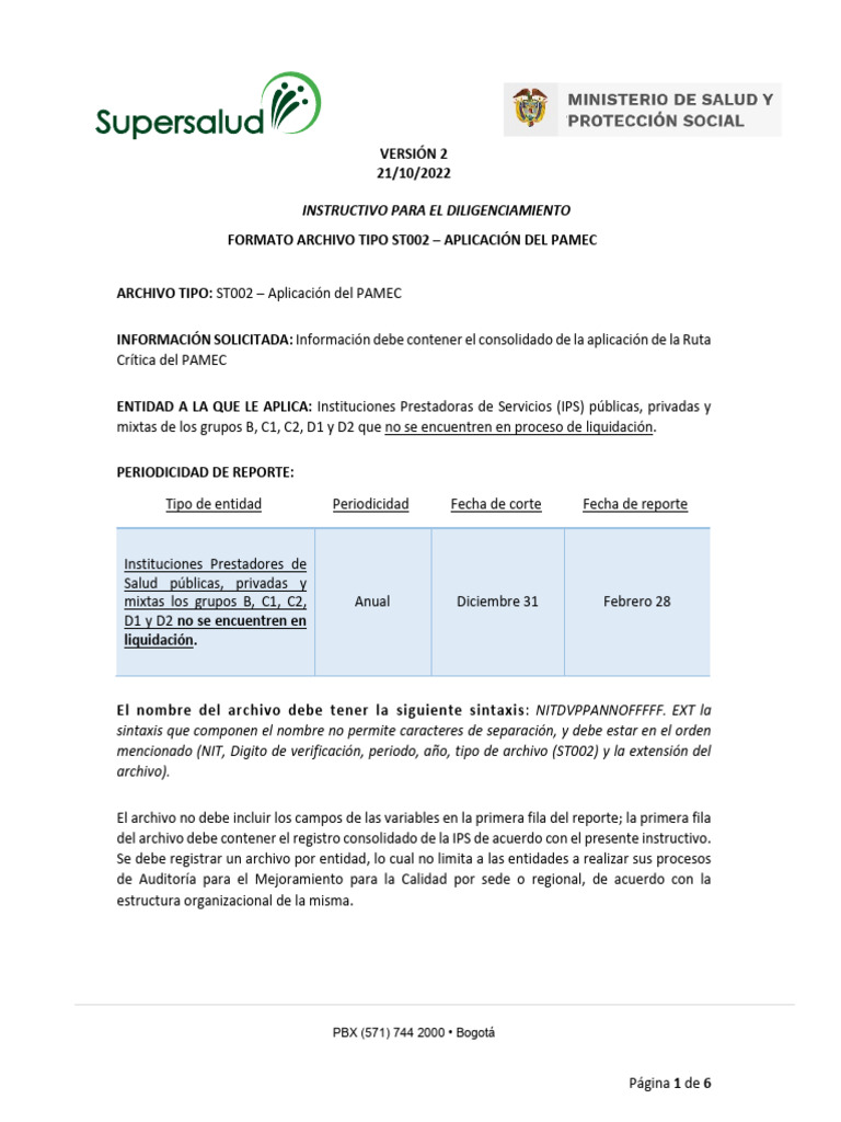 Instructivo Formato ST002 PAMEC | PDF