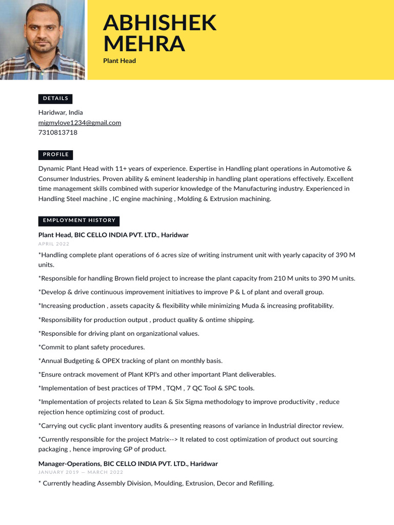 0 Abhishek Mehra - Plant Head | PDF | Production And Manufacturing ...