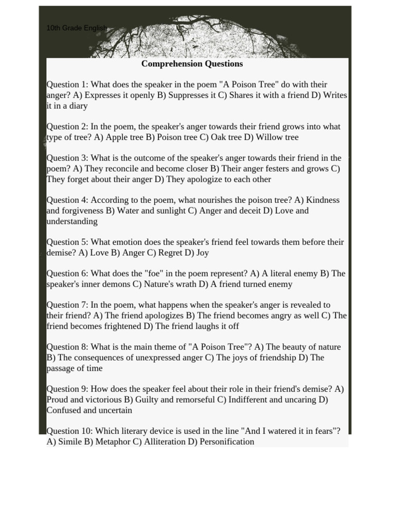 "A Poison Tree" Critical Thinking Questions | PDF | Anger | Empathy