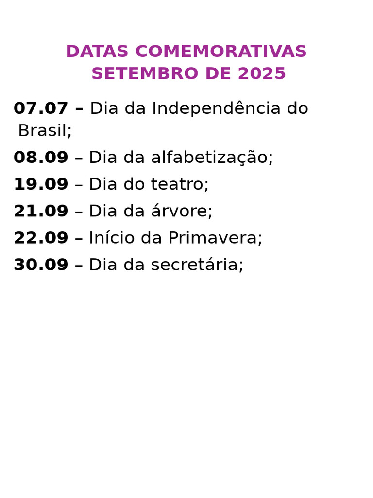 Datas Comemorativas Setembro de 2025 | PDF