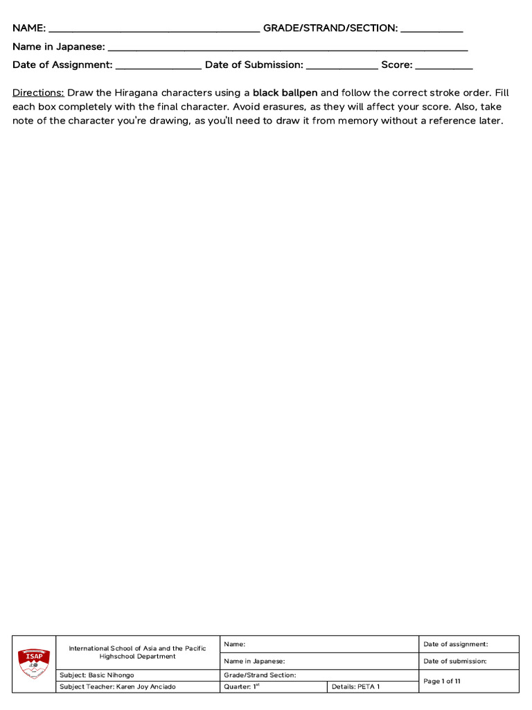 Peta 1 Hiragana Jhs 2025 2026 1stquarter | PDF | Japanese Language ...