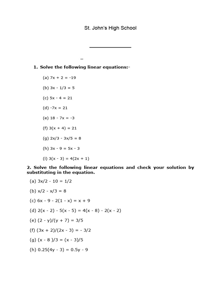 Class 8 Maths Question Bank of Linear Equations in One Variable | PDF