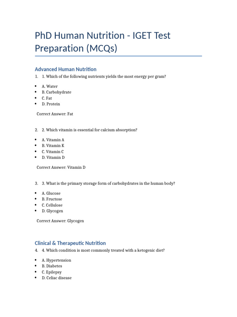 IGET PHD Human Nutrition MCQ Sample | PDF