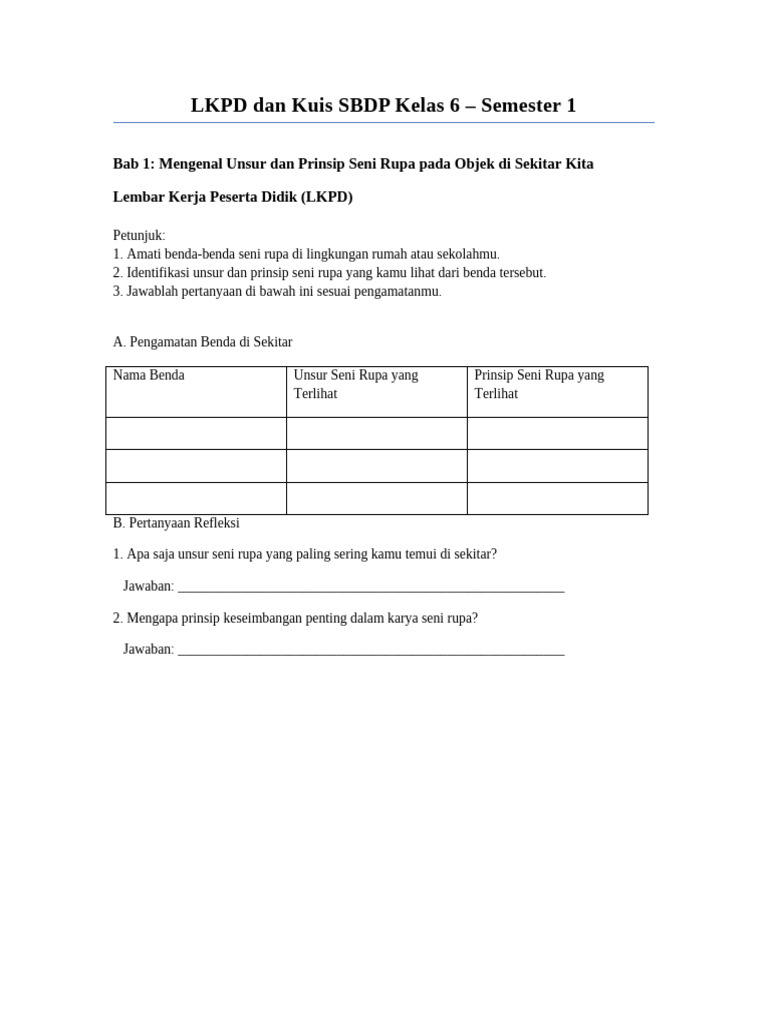 LKPD Dan Kuis SBDP Kelas 6 Bab 1 | PDF