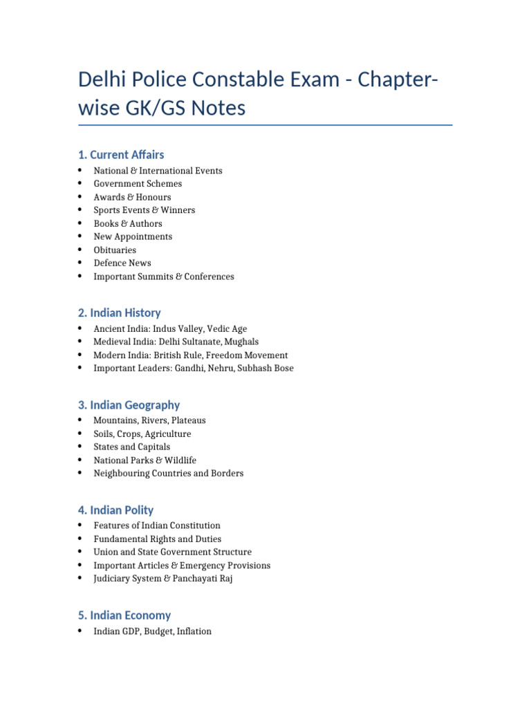 Delhi Police Constable Chapterwise GK GS Notes | PDF