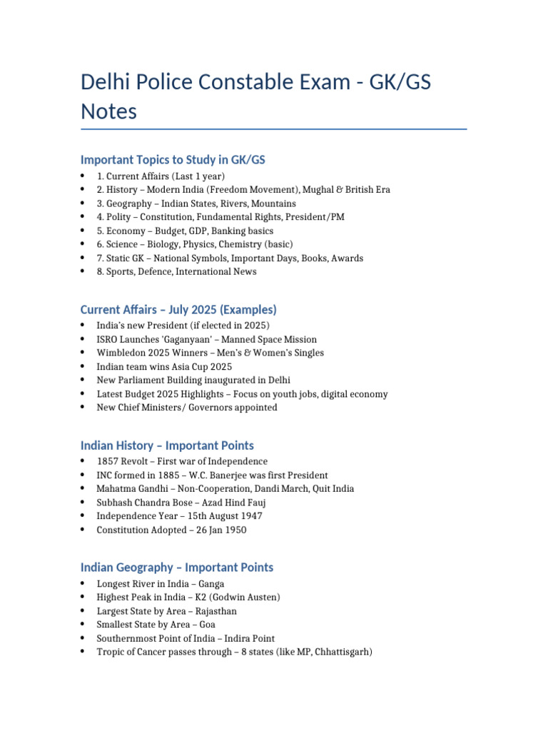Delhi Police Constable GK/GS Notes | PDF