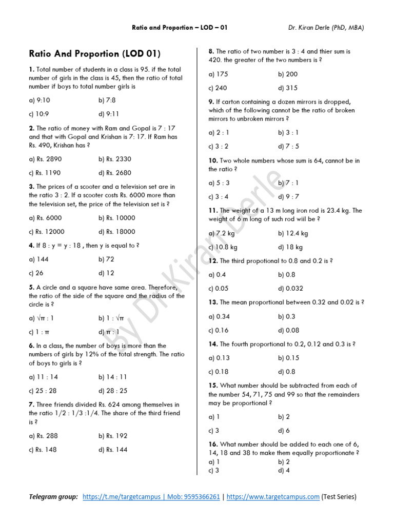 Ratio and Proportion Exercises LOD 01 | PDF | Ratio | Mathematics
