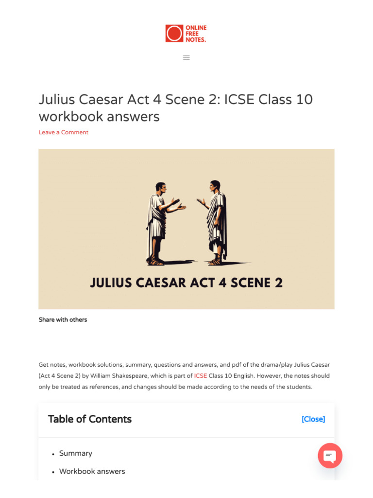 Julius Caesar Act 4 Scene 2 - ICSE Class 10 Workbook Answers | PDF