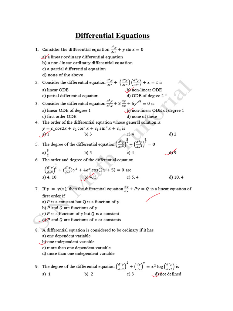 Differential Equations Mock Test | PDF | Ordinary Differential Equation ...