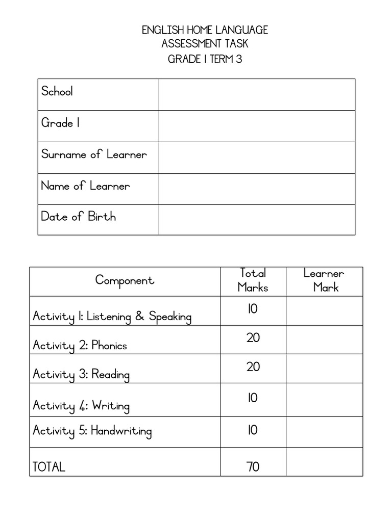 Assessment Task EHL Grade 1 Term 3 | PDF