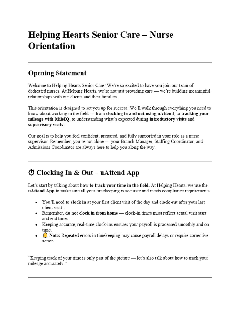 Nurse Orientation Guide for Helping Hearts | PDF | Caregiver