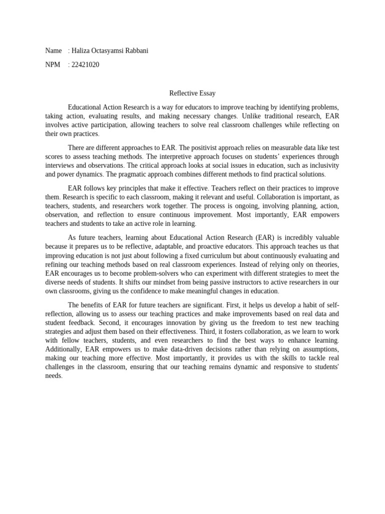 Reflective Essay (Haliza, 22421020) | PDF | Teachers | Teaching Method