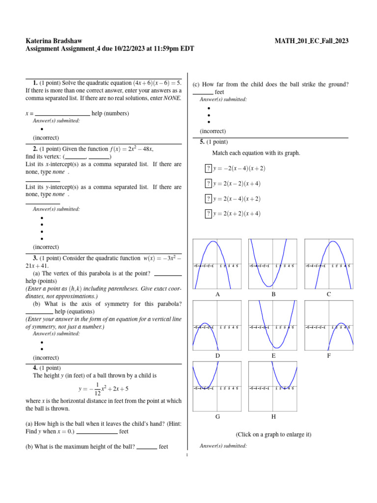 MATH 201 EC Fall 2023.k Brads - Assignment 4 | PDF | Quadratic Equation | Combinatorics