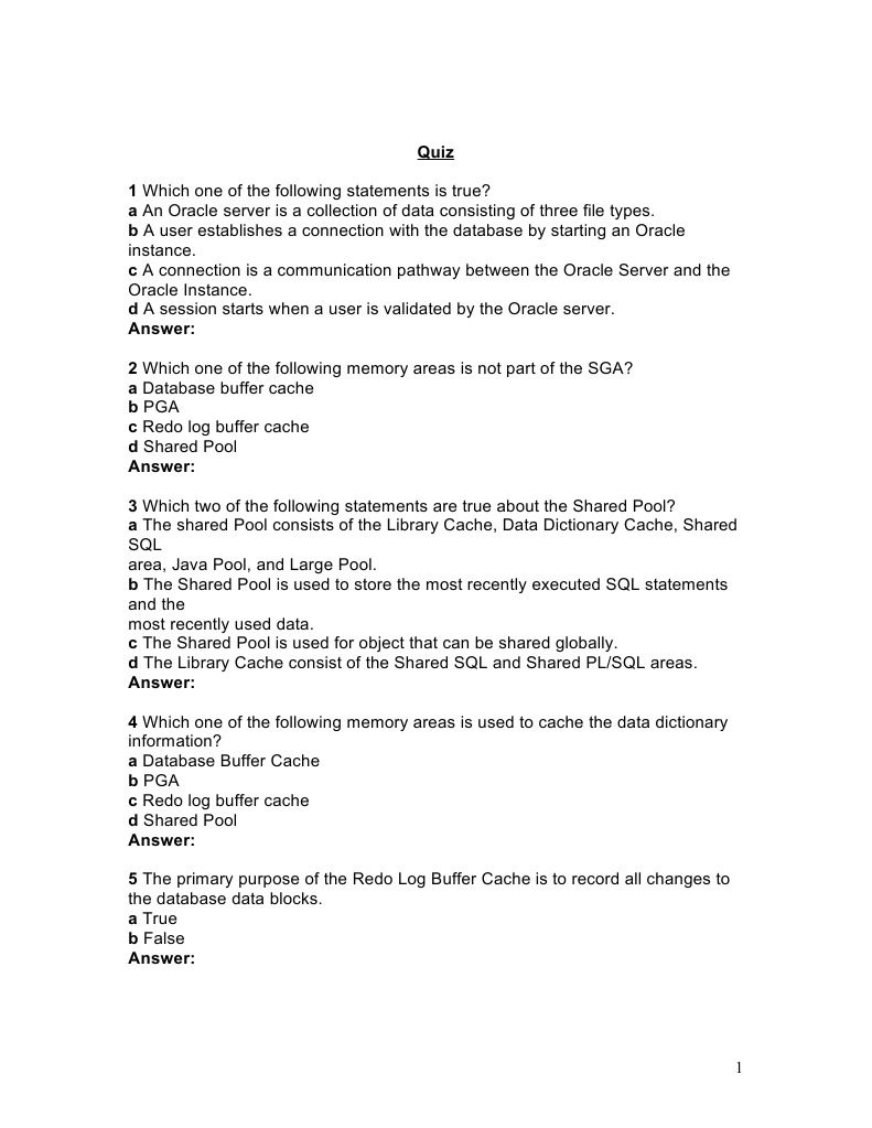 Quiz 1 | PDF | Oracle Database | Databases