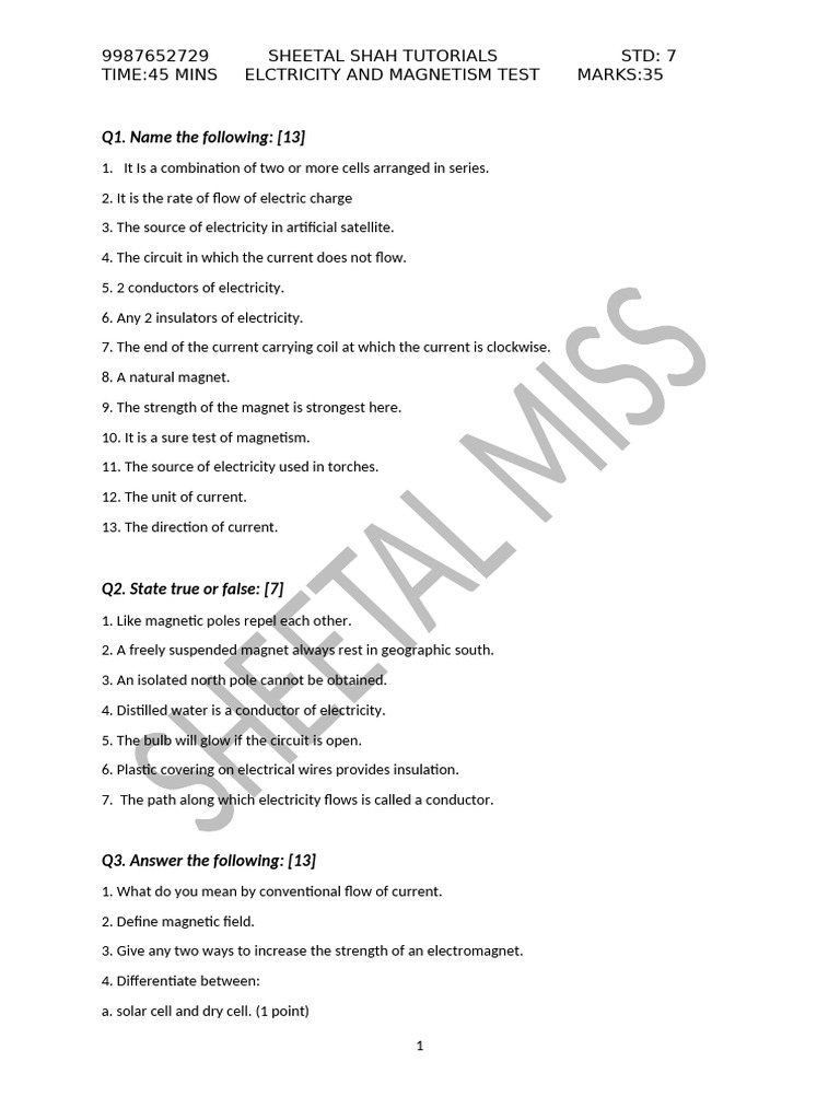 Electricity and Magnetism STD 7 2022 | PDF