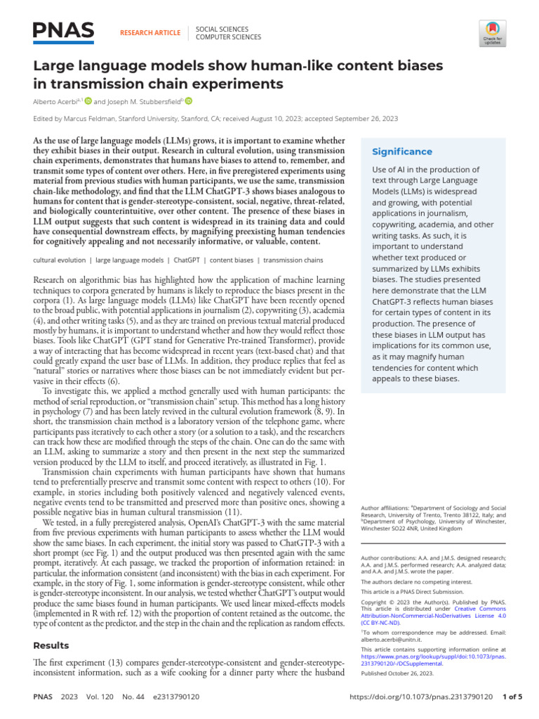 Acerbi Stubbersfield 2023 Large Language Models Show Human Like Content Biases in Transmission ...
