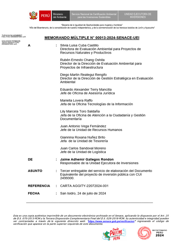 Signed - Signed - Stamped - Memorando Múltiple - 00013 - 2024 - SENACE - UEI1 | PDF ...