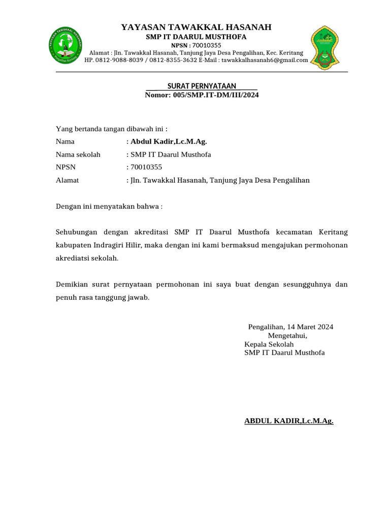 Surat Pernyataan Pengajuan Akreditasi | PDF