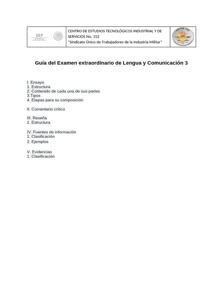 Guia Del Examen Extraordinario Lengua y Comunicación3 (Agosto 2024-Enero 2025) | PDF
