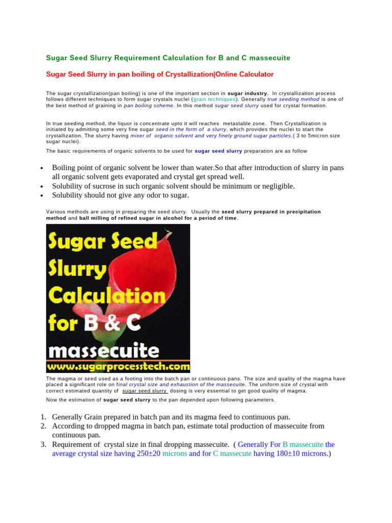 Sugar Seed Slurry Requirement Calculation For B and C Massecuite | PDF | Crystallization | Sugar