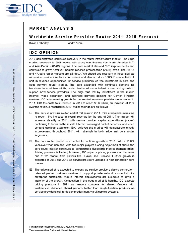 Market Analysis Worldwide Service Provider Router 2011-2015 Forecast ...
