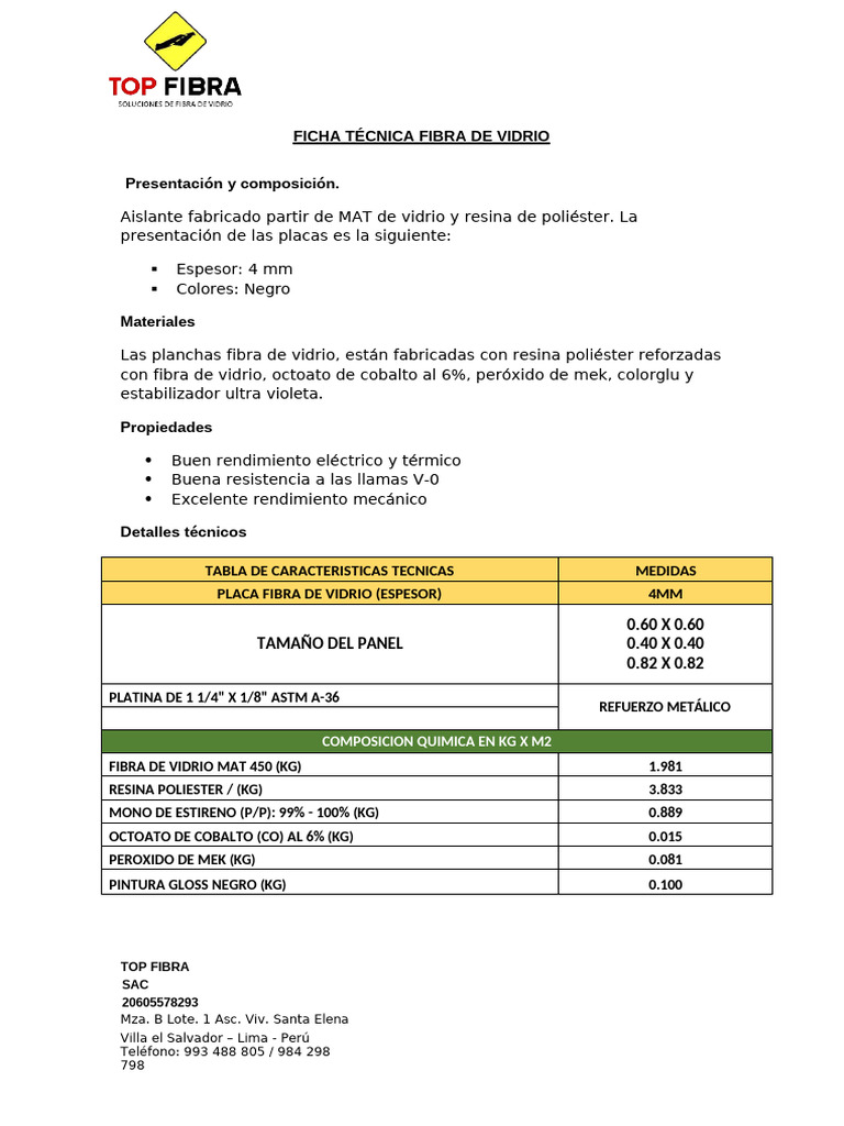 Ficha Tecnica - Fibra de Vidrio | PDF