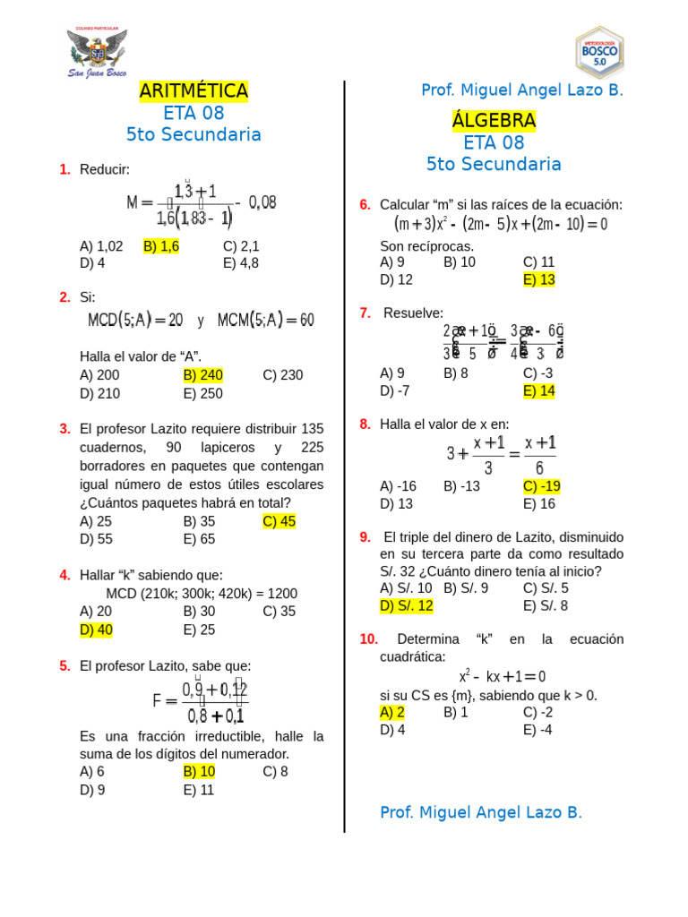 Eta 08 - ÁLGEBRA y ARITMÉTICA - OK | PDF
