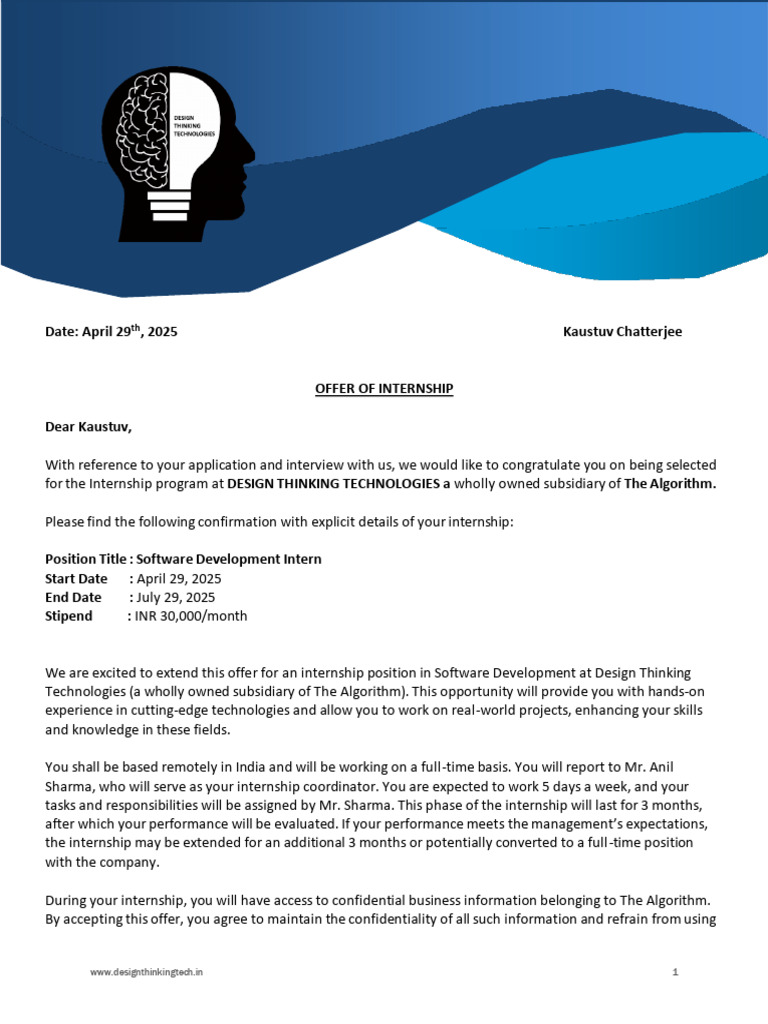 Kaustuv Internship Letter | PDF | Computing