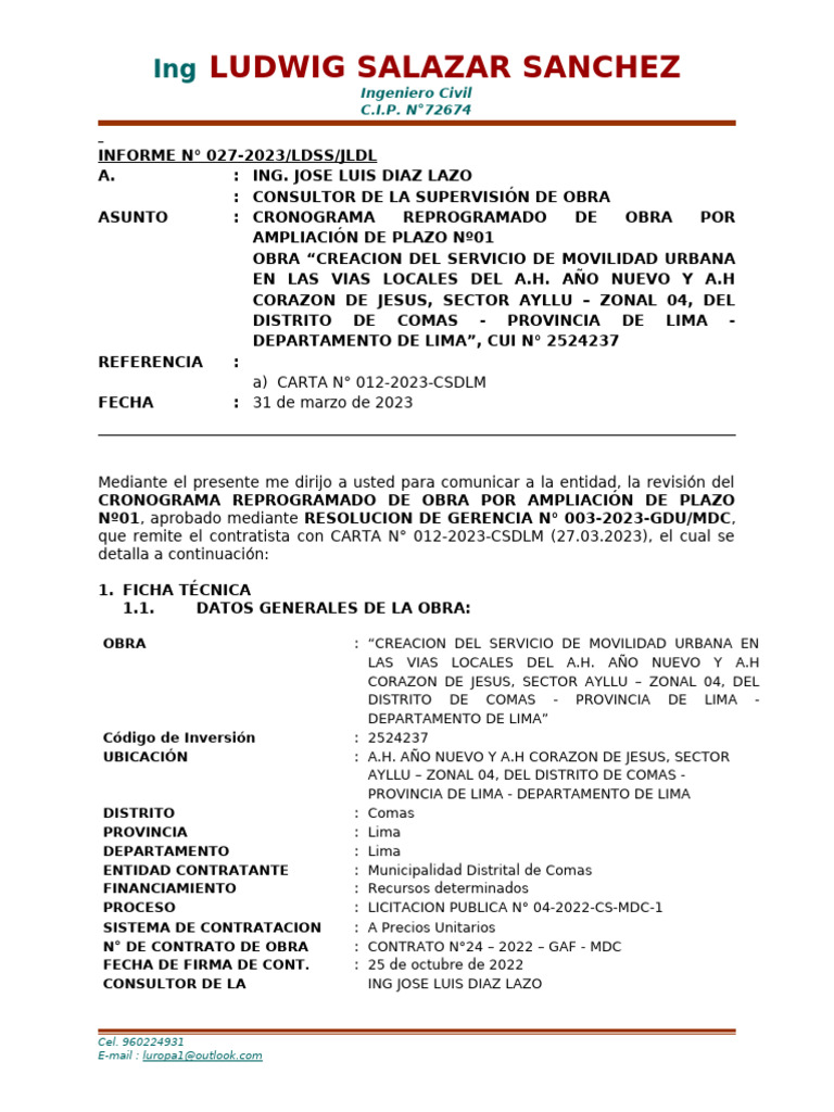 INFORME #0027 - Cronograma Reprogramado Por Ampliacion de Plazo | PDF | La investigación de ...
