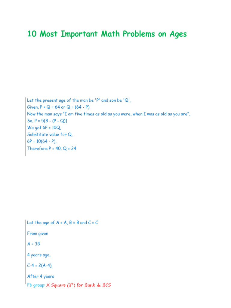 10 Most Important Math Problems On Ages | PDF | Chess | Chess Theory