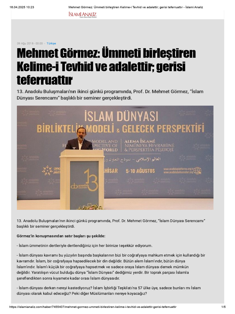 Mehmet Görmez - Ümmeti Birleştiren Kelime-I Tevhid Ve Adalettir Gerisi ...