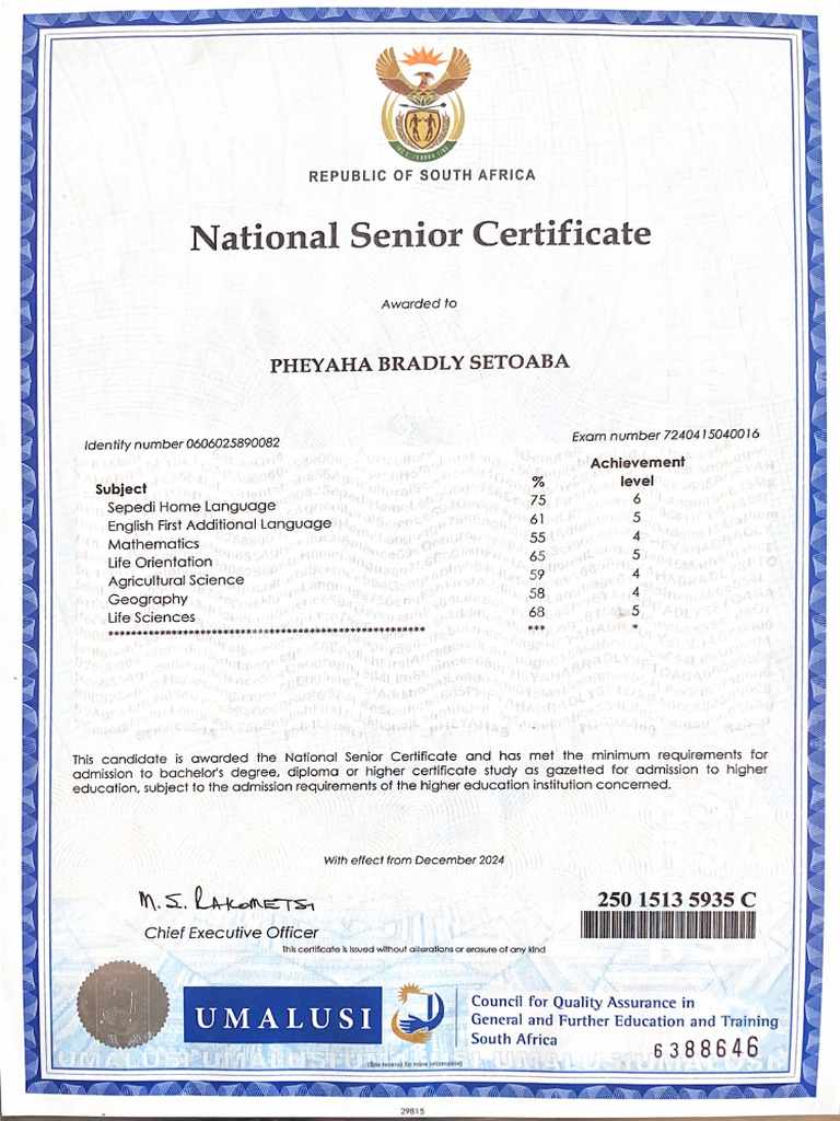 Senior Certificate | PDF