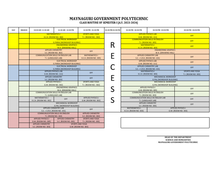 Class Routine of Semester-I | PDF | Physical Sciences | Natural Sciences
