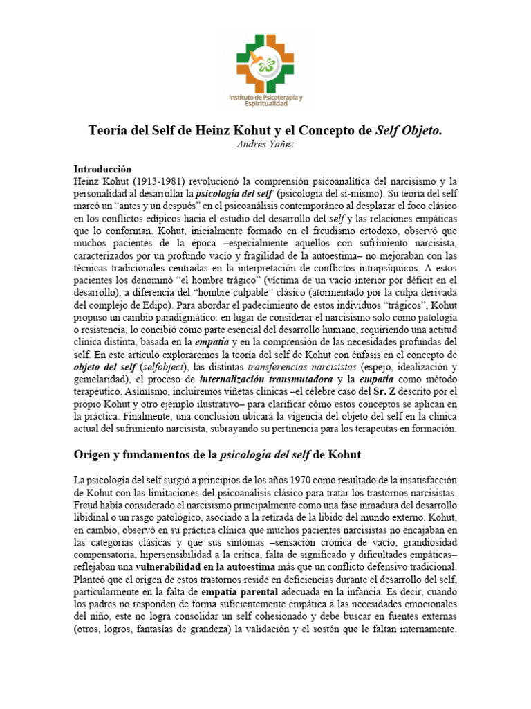 Teoría del Self de Kohut y Self Objetos | PDF | Narcisismo | Psicoanálisis