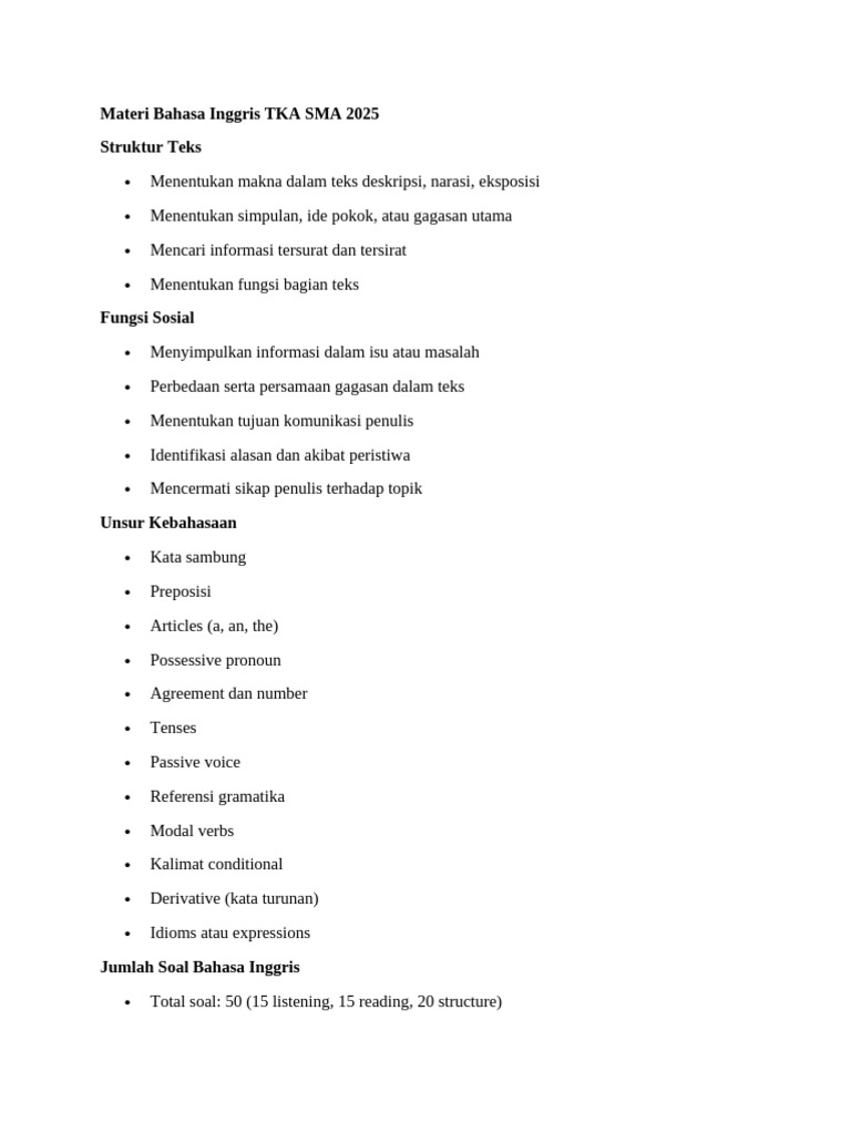 Materi Bahasa Inggris TKA SMA 2025 | PDF