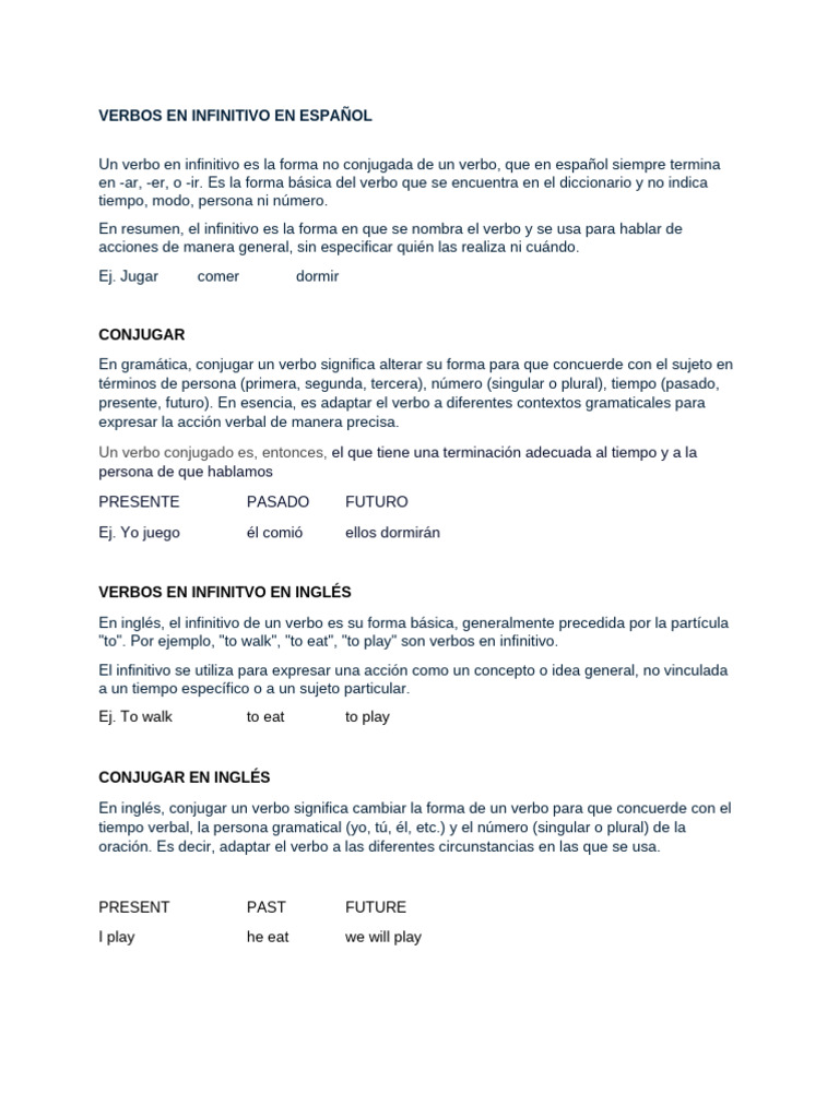 Verbos en Infinitivo en Español e Inglés | PDF