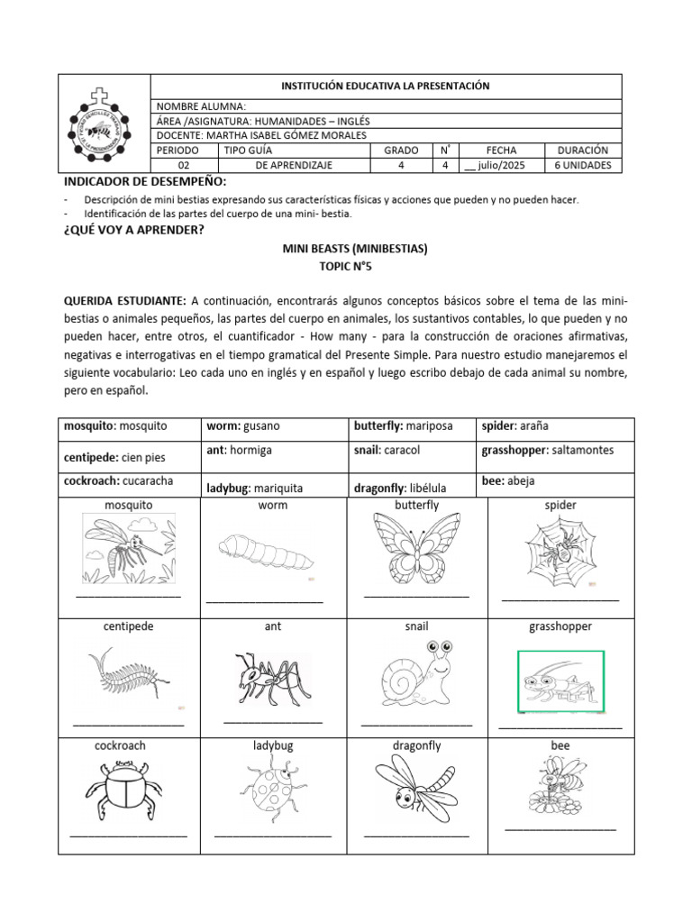 Guia 4 Inglescuarto Minibeasts T5 P 22025 | PDF | Sustantivo | Gramática