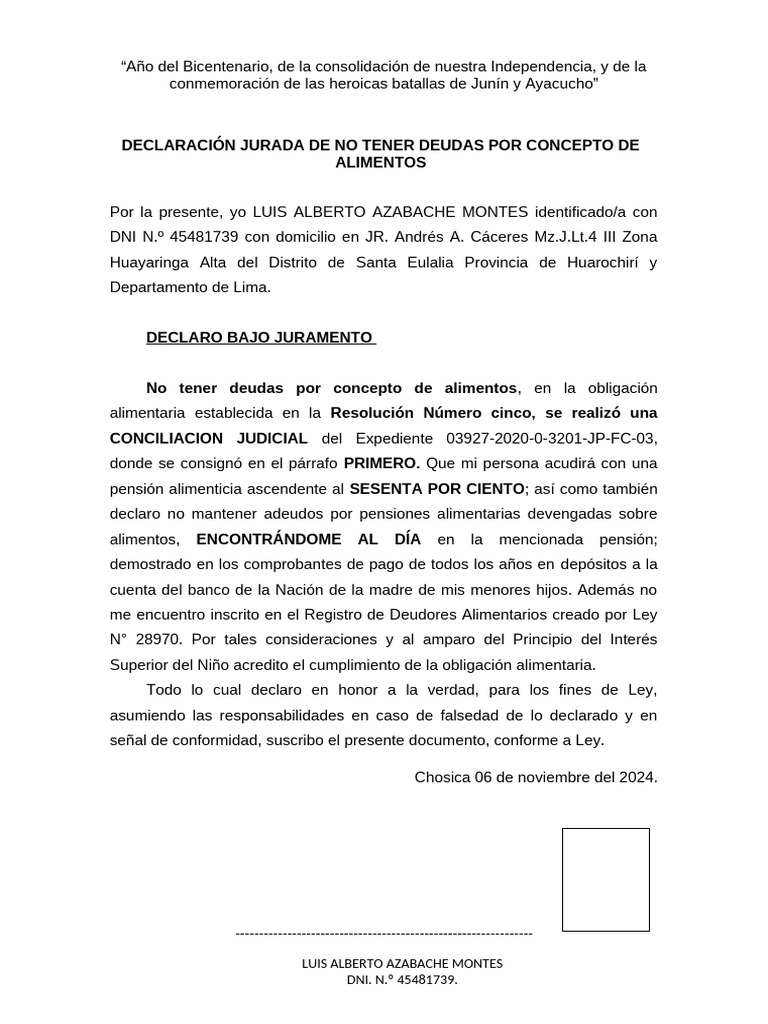 Declaracion Jurada de No Tener Deudas Alimentos | PDF