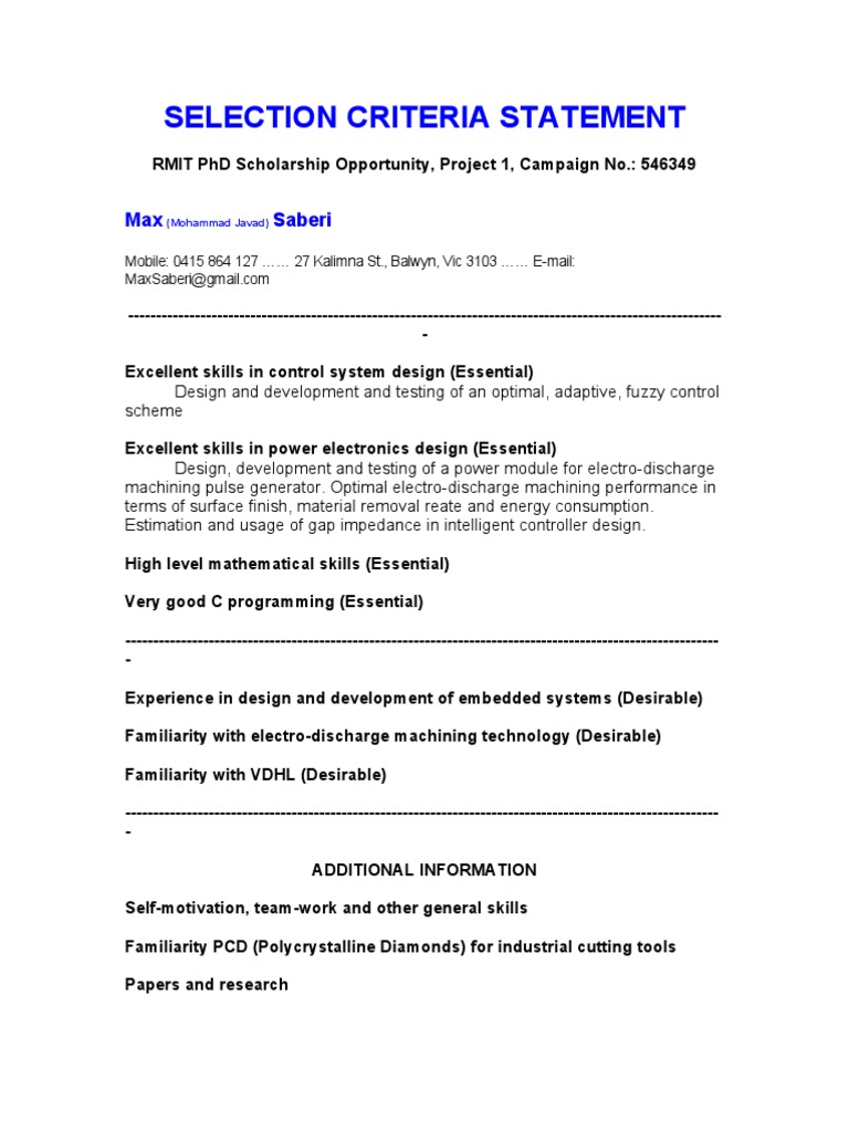 Statement Addressing Selection Criteria | PDF