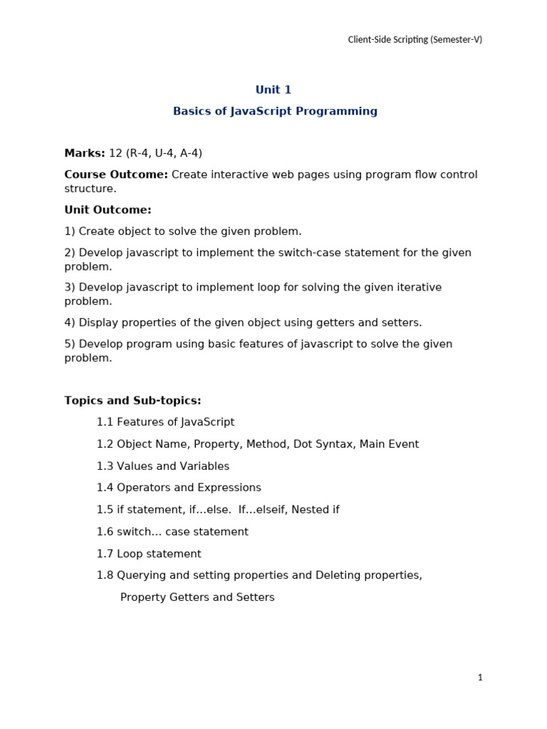 Unit1 Basics of JavaScript | PDF | Java Script | Dynamic Web Page