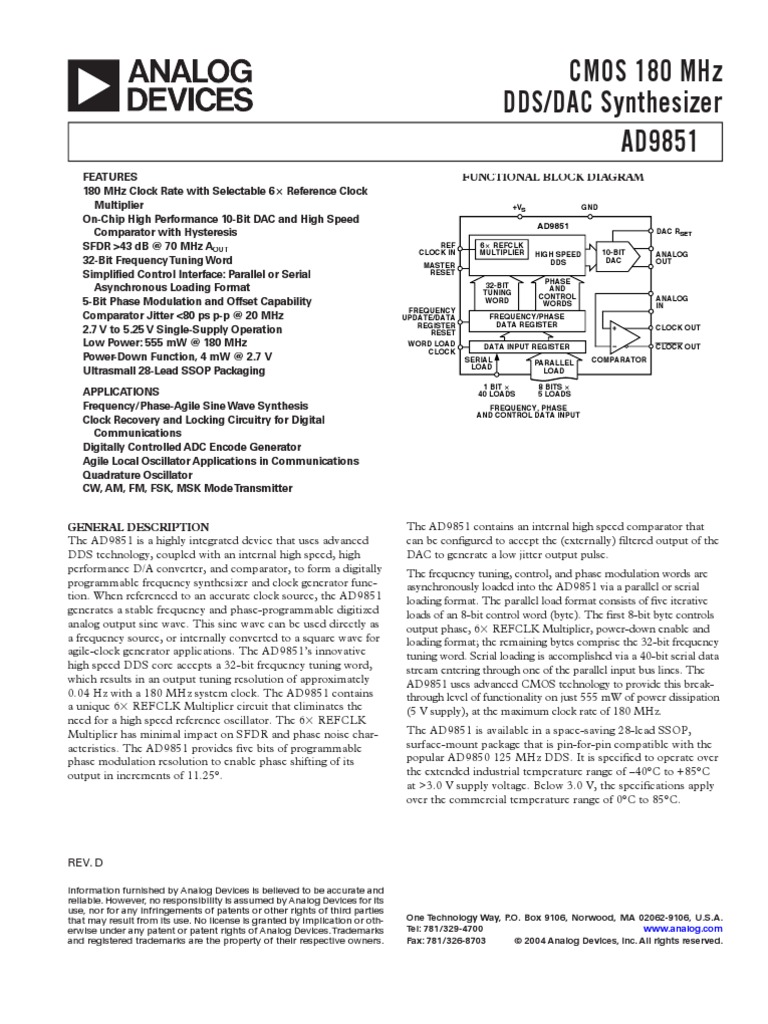 Ad9851 Cmos 180 MHZ Dds/Dac Synthesizer | PDF | Electronic Filter ...