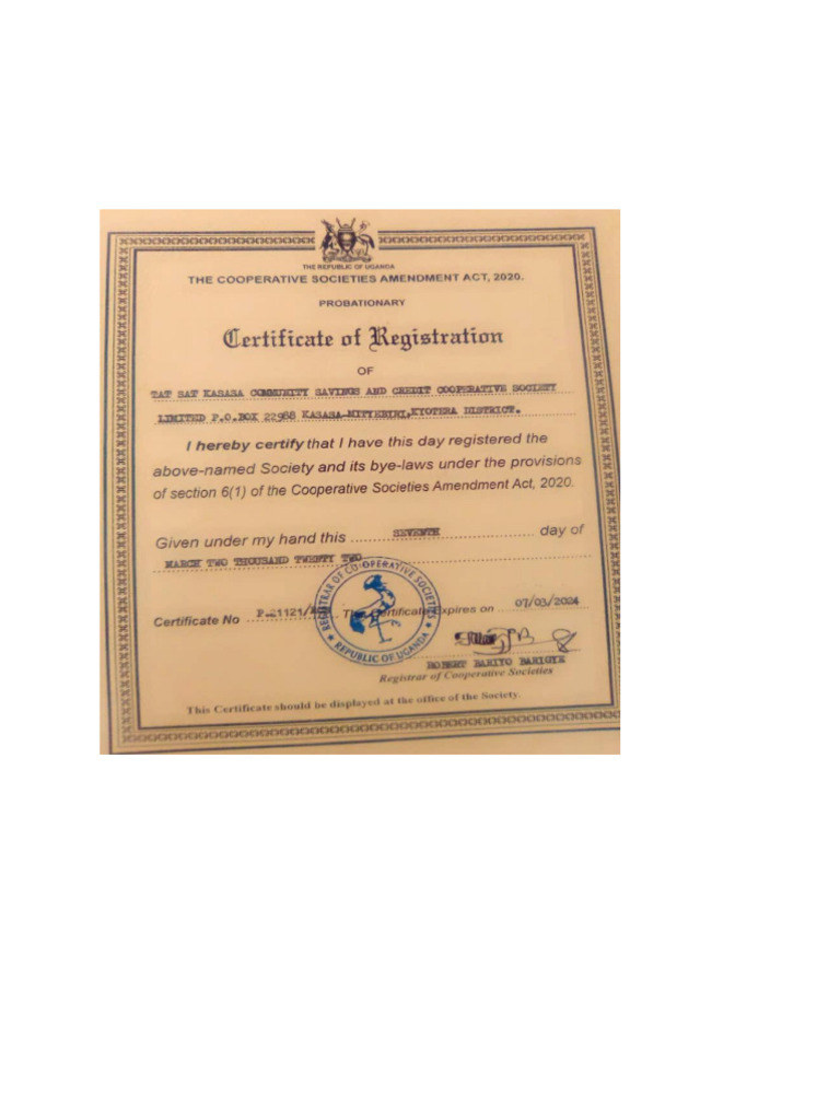 SaCCO Reg Certificate | PDF