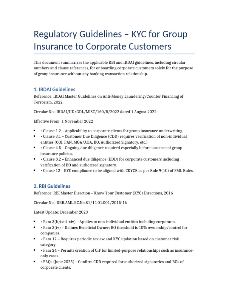 KYC Guidelines Group Insurance Corporate IRDAI RBI | PDF