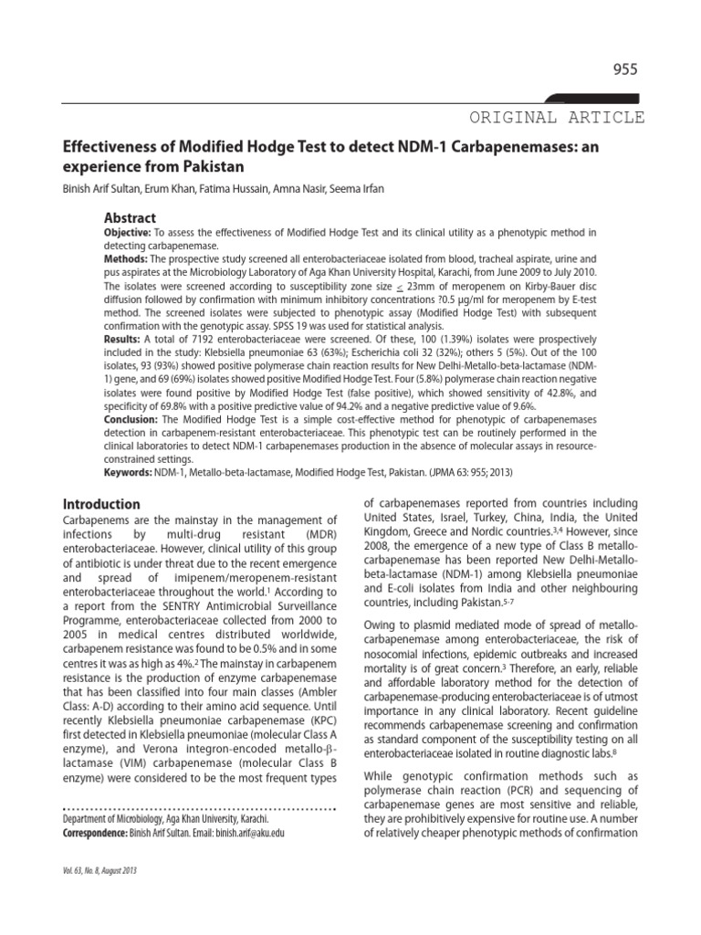 Effectiveness of Modified Hodge Test To | PDF | Beta Lactamase | Biology