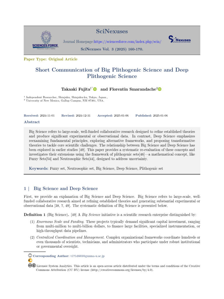Short Communication of Big Plithogenic Science and Deep Plithogenic ...