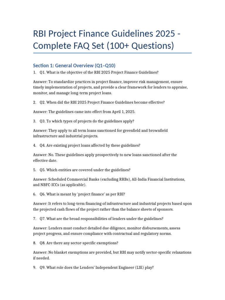 RBI Project Finance Guidelines 2025 Complete FAQs | PDF | Project ...